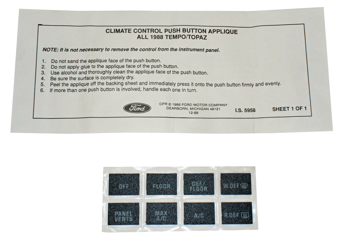 New climate control push button label decal for 1988 Tempo / Topaz E93